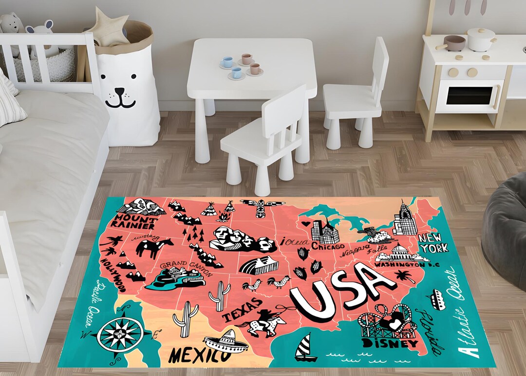 Colorful USA Map Rug, Popular Rug, Map Themed Rug, Modern Map Rug for ...