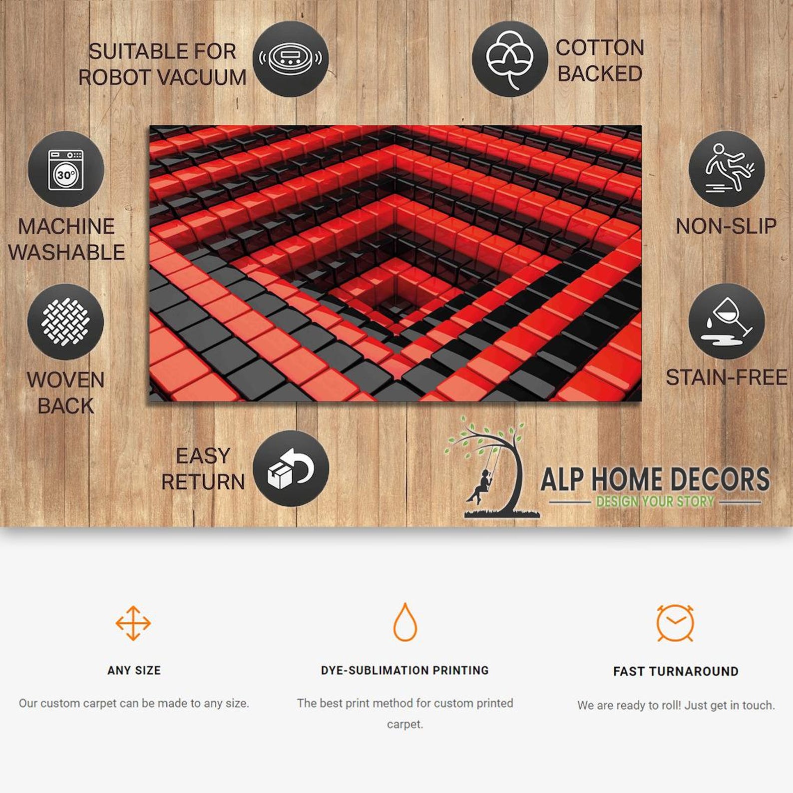 Modern 3D Red and Black Cube Rug, Geometric Minimalist Design Rug, 3D ...