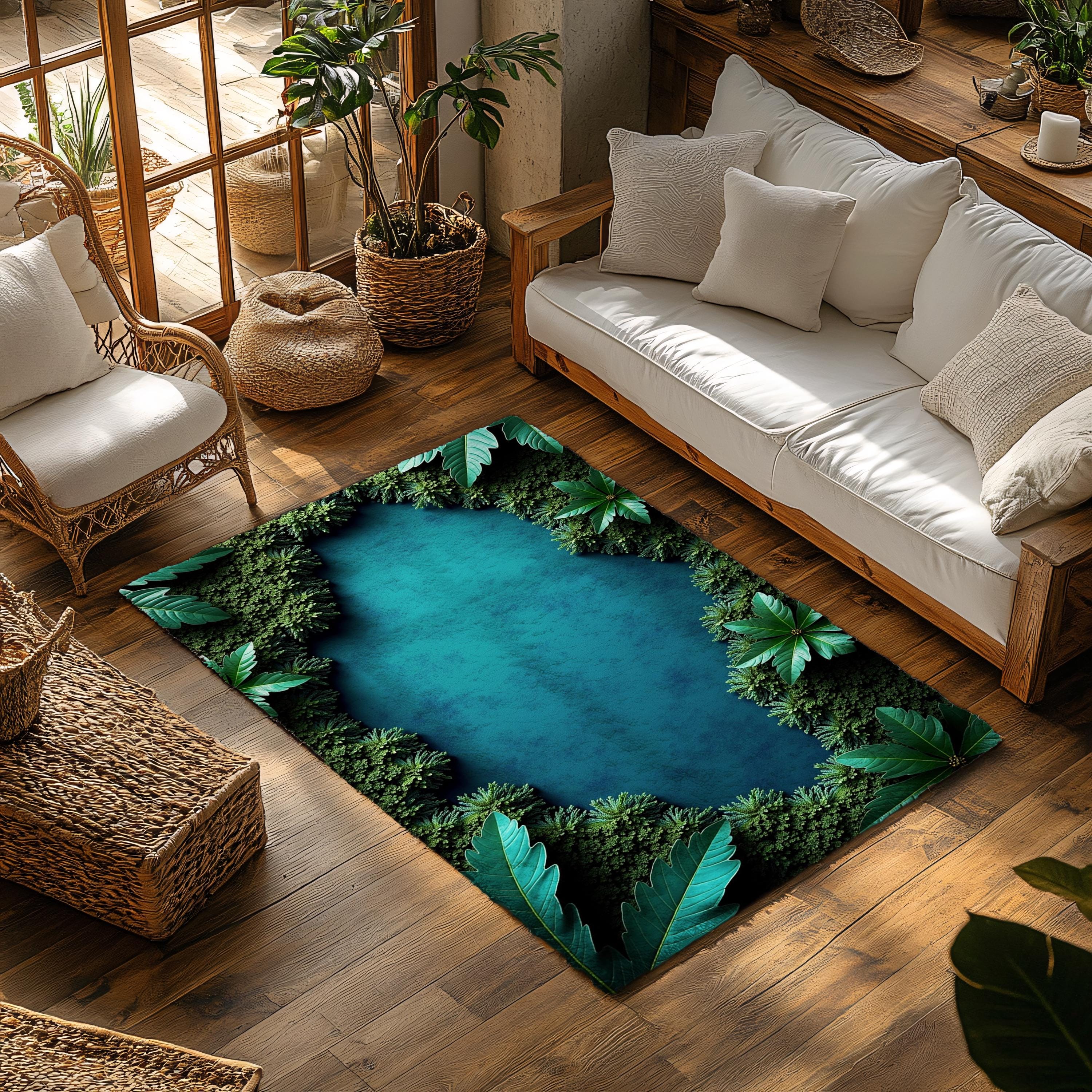 Lake Inspired Moss Rug, Washable Nature Themed Carpet, Relaxing Non ...