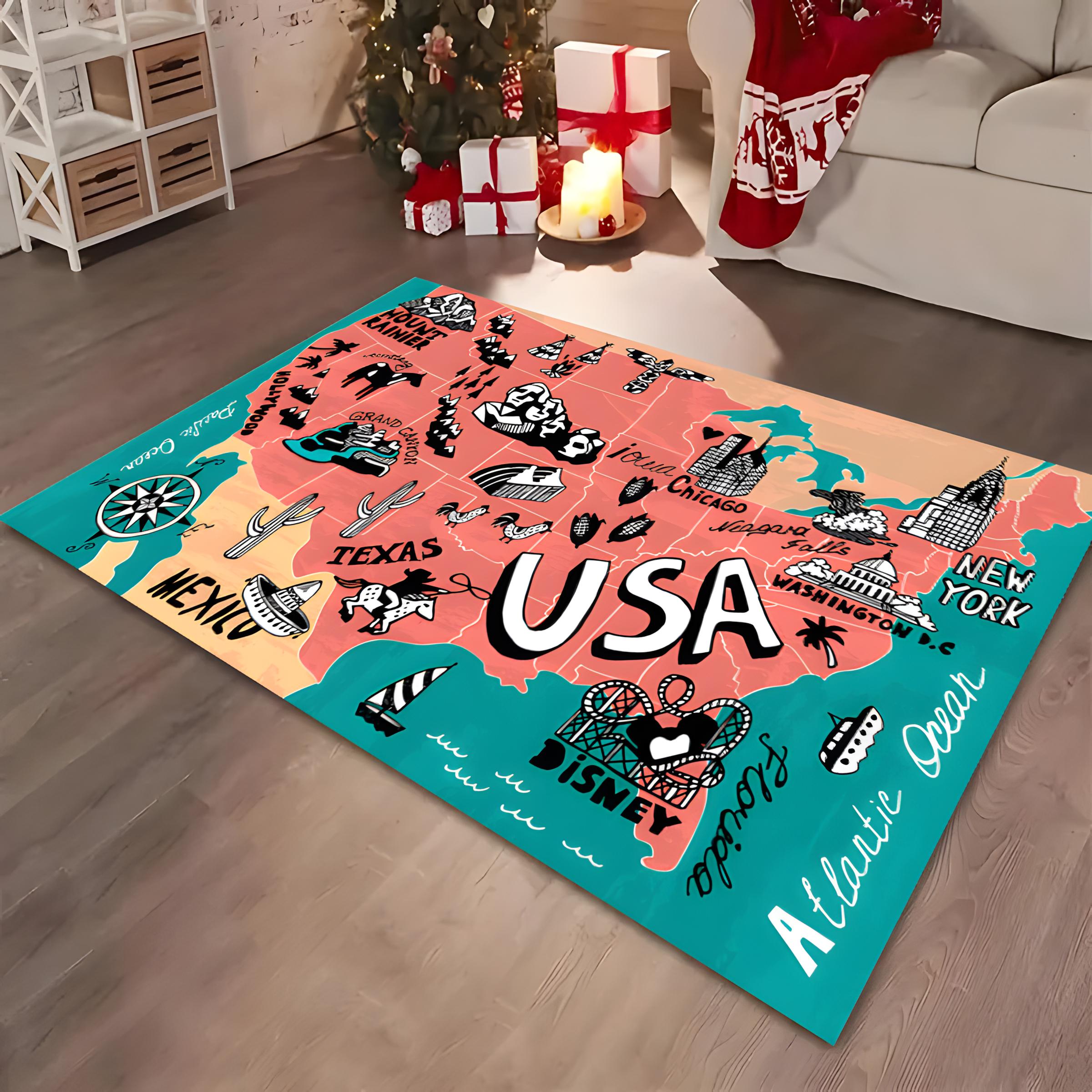 Colorful USA Map Rug, Popular Rug, Map Themed Rug, Modern Map Rug for ...