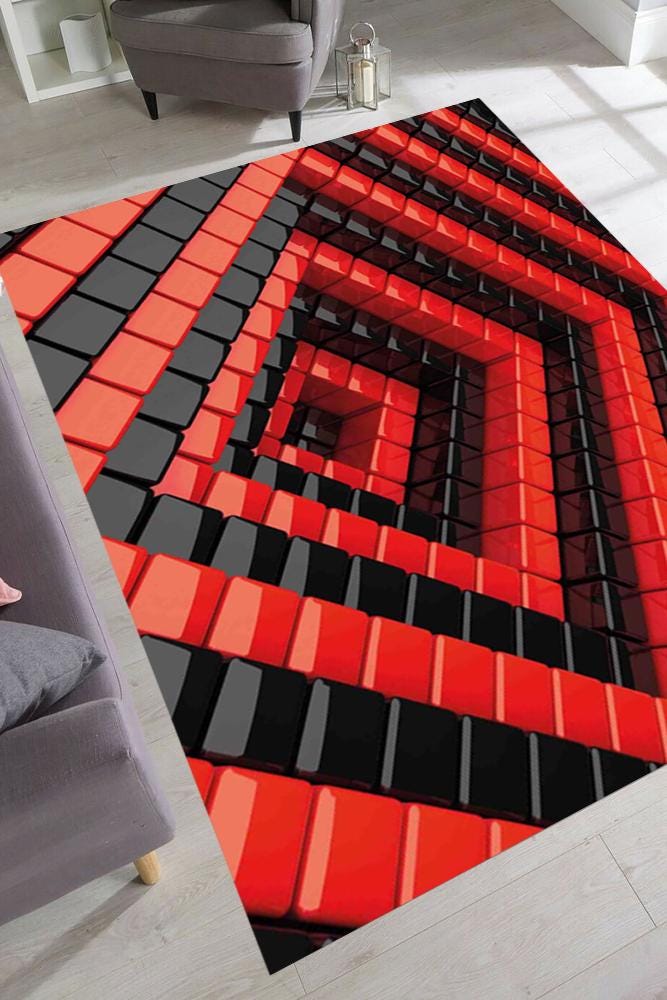 Modern 3D Red and Black Cube Rug, Geometric Minimalist Design Rug, 3D ...