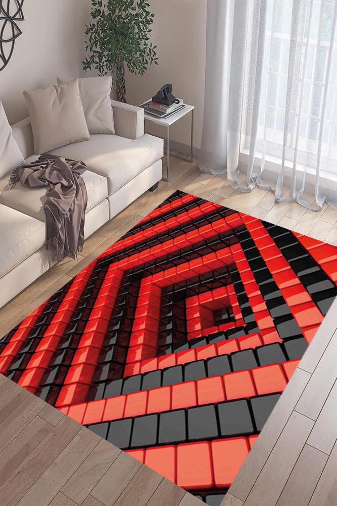 Modern 3D Red and Black Cube Rug, Geometric Minimalist Design Rug, 3D ...