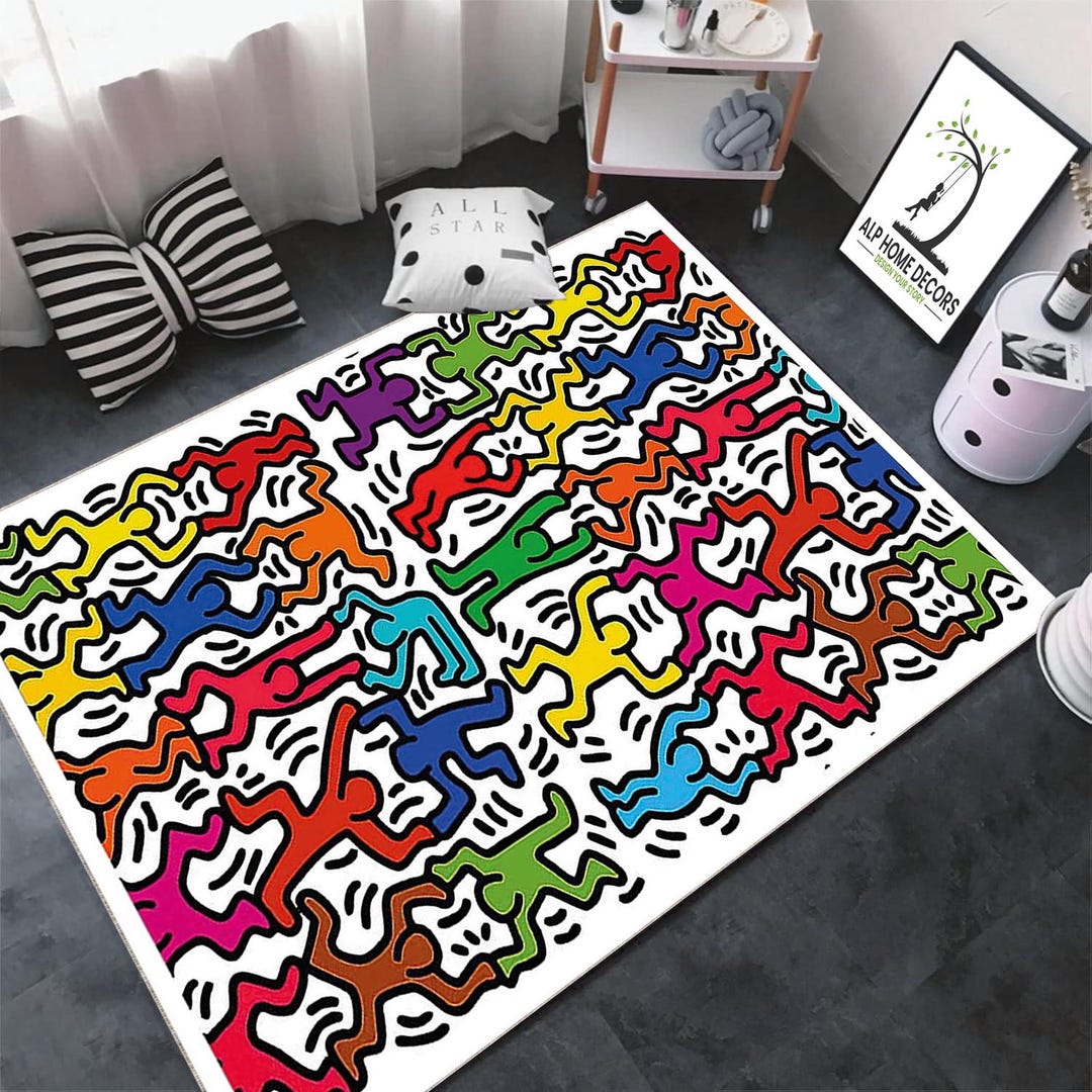 Abstract Colorful Art Rug, Modern Keith Haring Style Printed Carpet ...