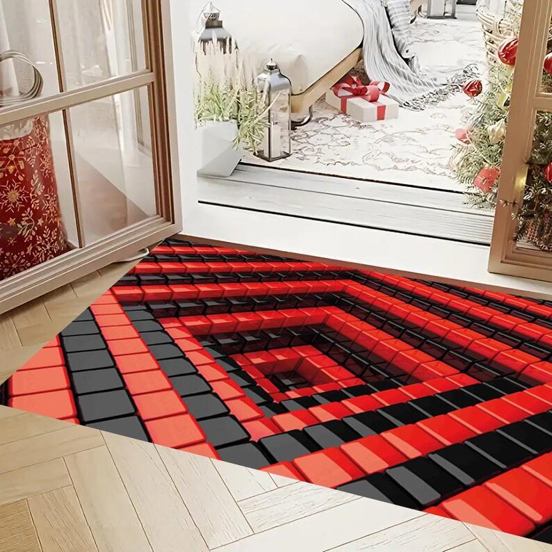 Modern 3D Red and Black Cube Rug, Geometric Minimalist Design Rug, 3D ...