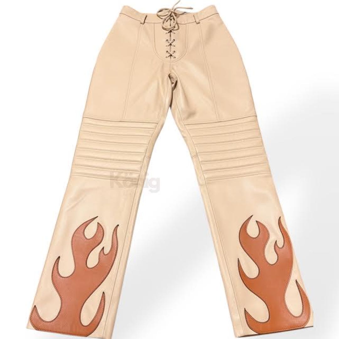 Flame Design Leather Pants High-waisted Lace-up Trousers With Bold ...