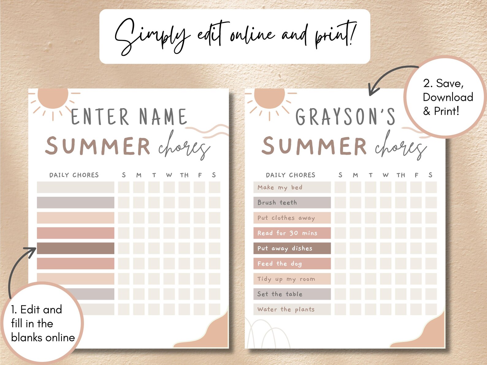 Editable Summer Chore Chart for Kids, Printable Chore Chart, Kids Daily ...