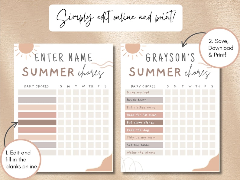 Editable Summer Chore Chart for Kids, Printable Chore Chart, Kids Daily ...