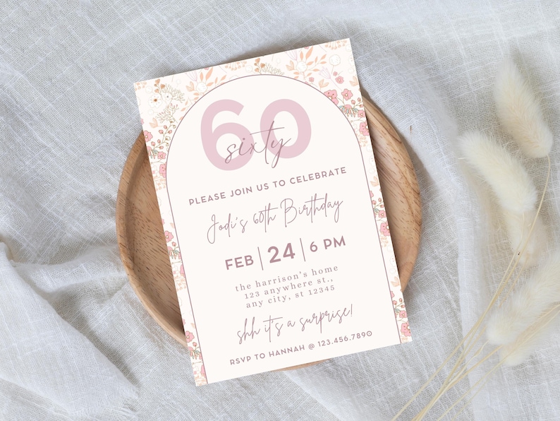 60th Birthday Invitation for Women, Editable Milestone Birthday ...