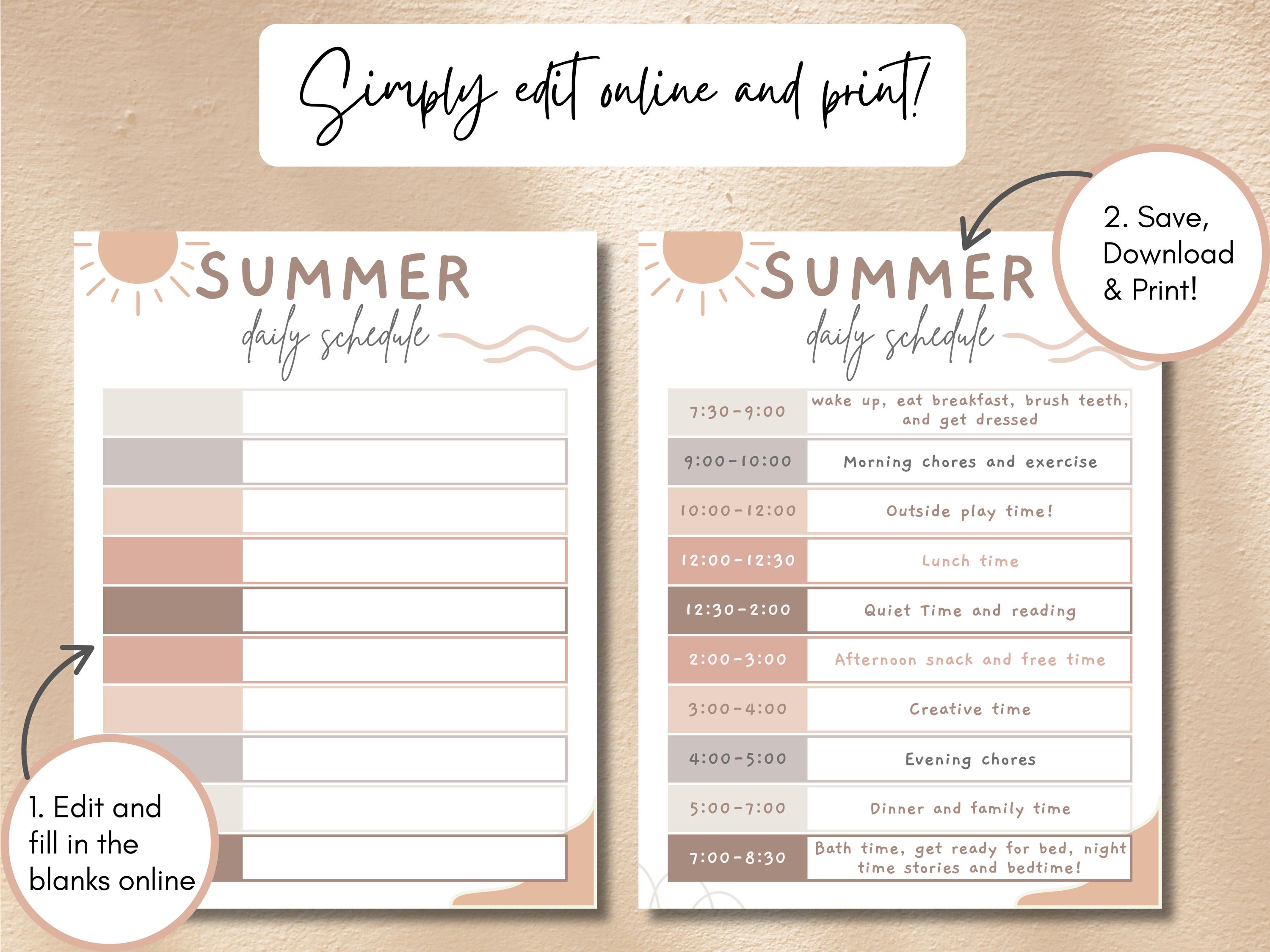 Editable Summer Daily Schedule for Kids, Summer Daily Checklist for ...