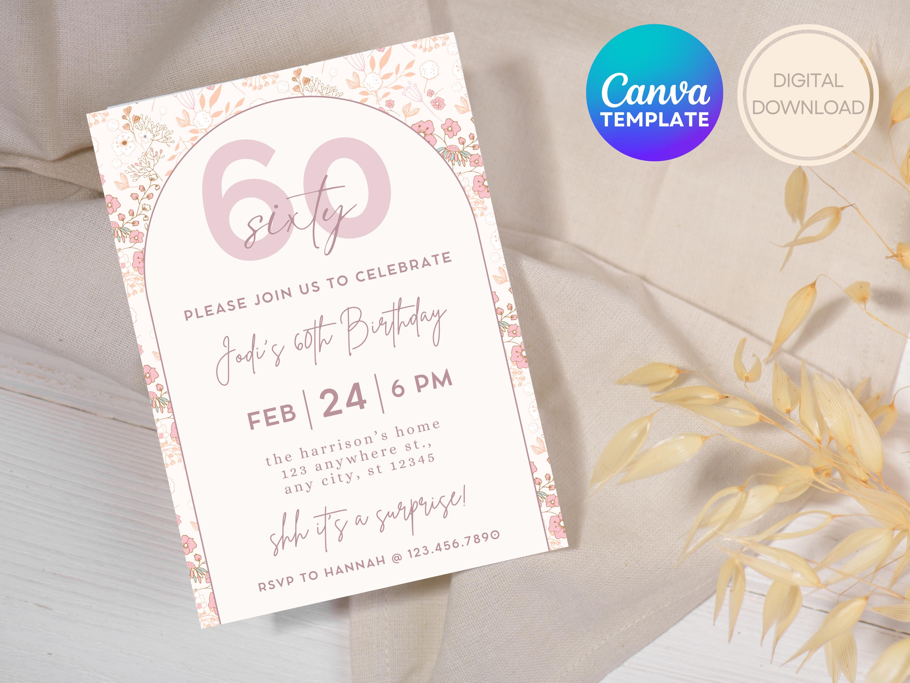 60th Birthday Invitation for Women, Editable Milestone Birthday ...
