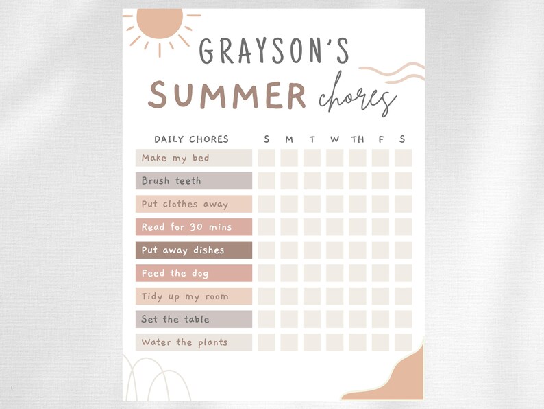 Editable Summer Chore Chart for Kids, Printable Chore Chart, Kids Daily ...