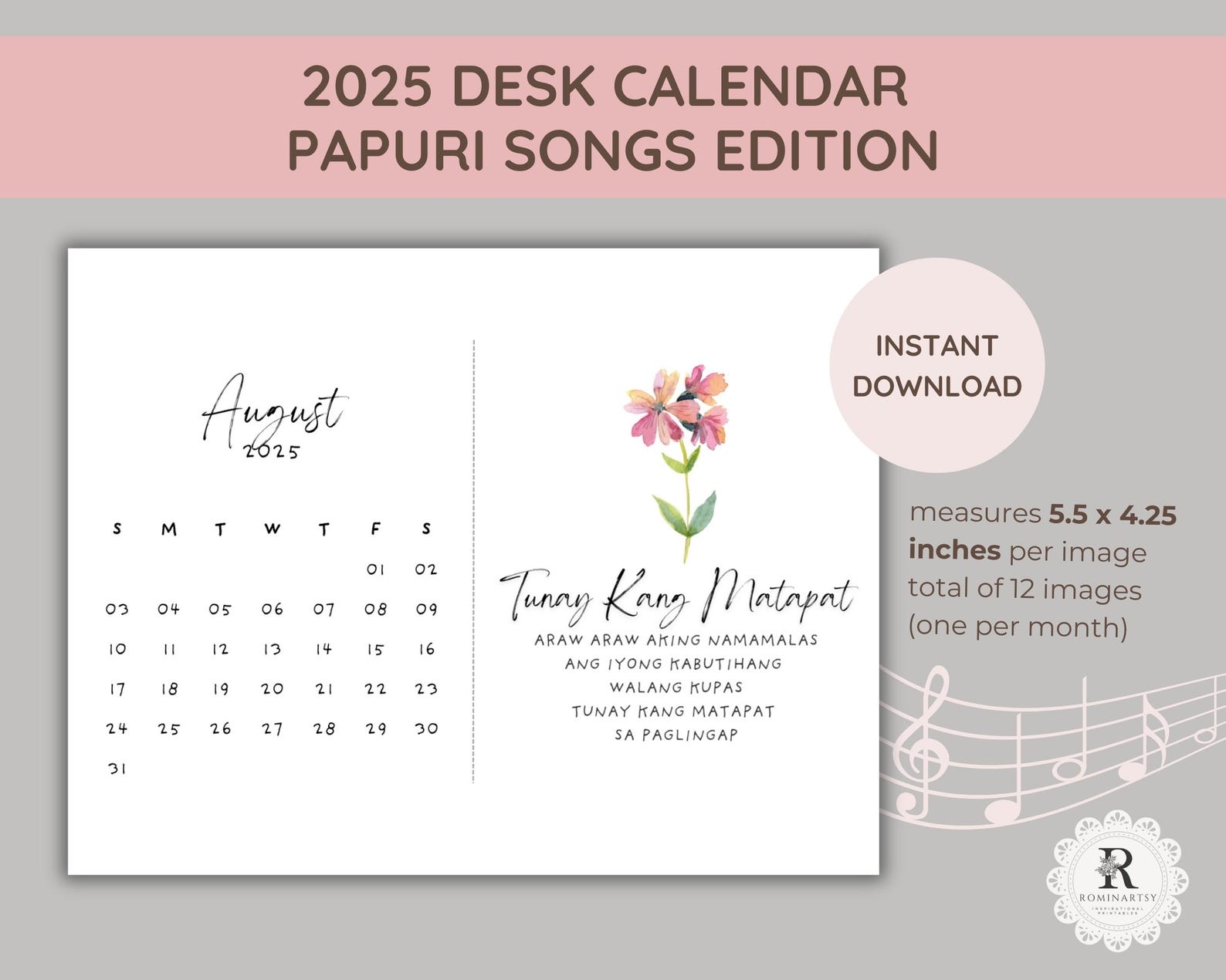 2025 Small Printable Desk Calendar Tagalog Papuri Songs Edition, Mini ...