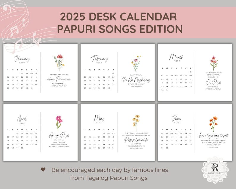 2025 Small Printable Desk Calendar Tagalog Papuri Songs Edition, Mini ...