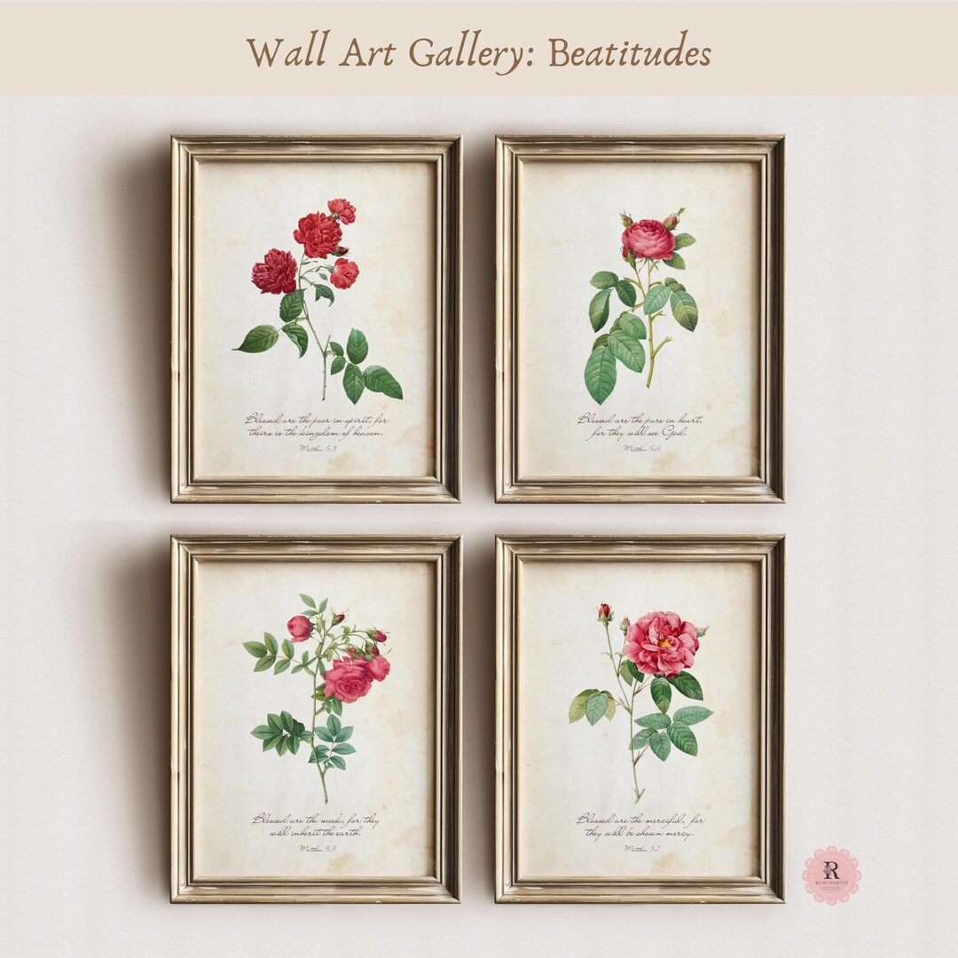Beatitudes Wall Print Vintage Rose Set of 4 Posters, Christian ...
