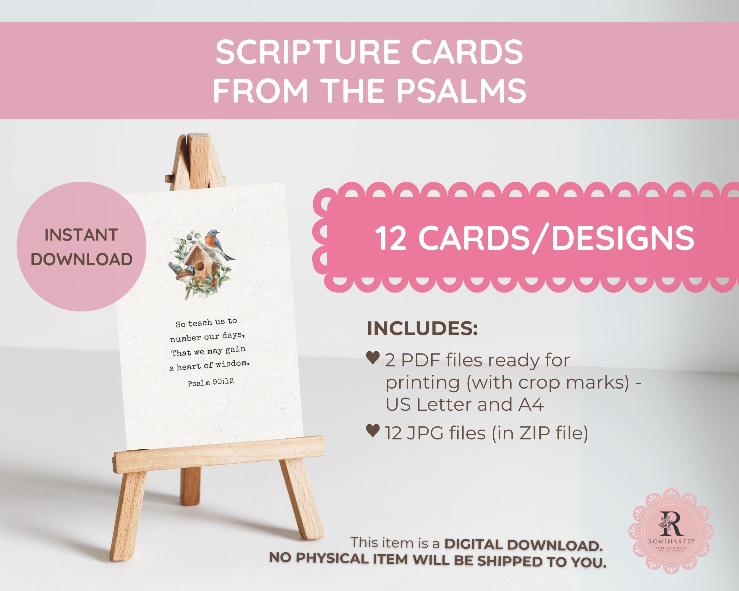 Set of 12 Psalms Scripture Cards Printable, Bible Memory Verse Cards ...