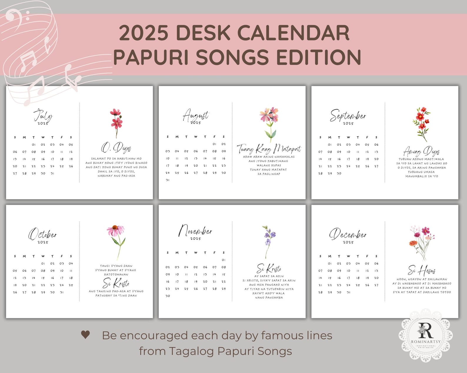 2025 Small Printable Desk Calendar Tagalog Papuri Songs Edition, Mini ...