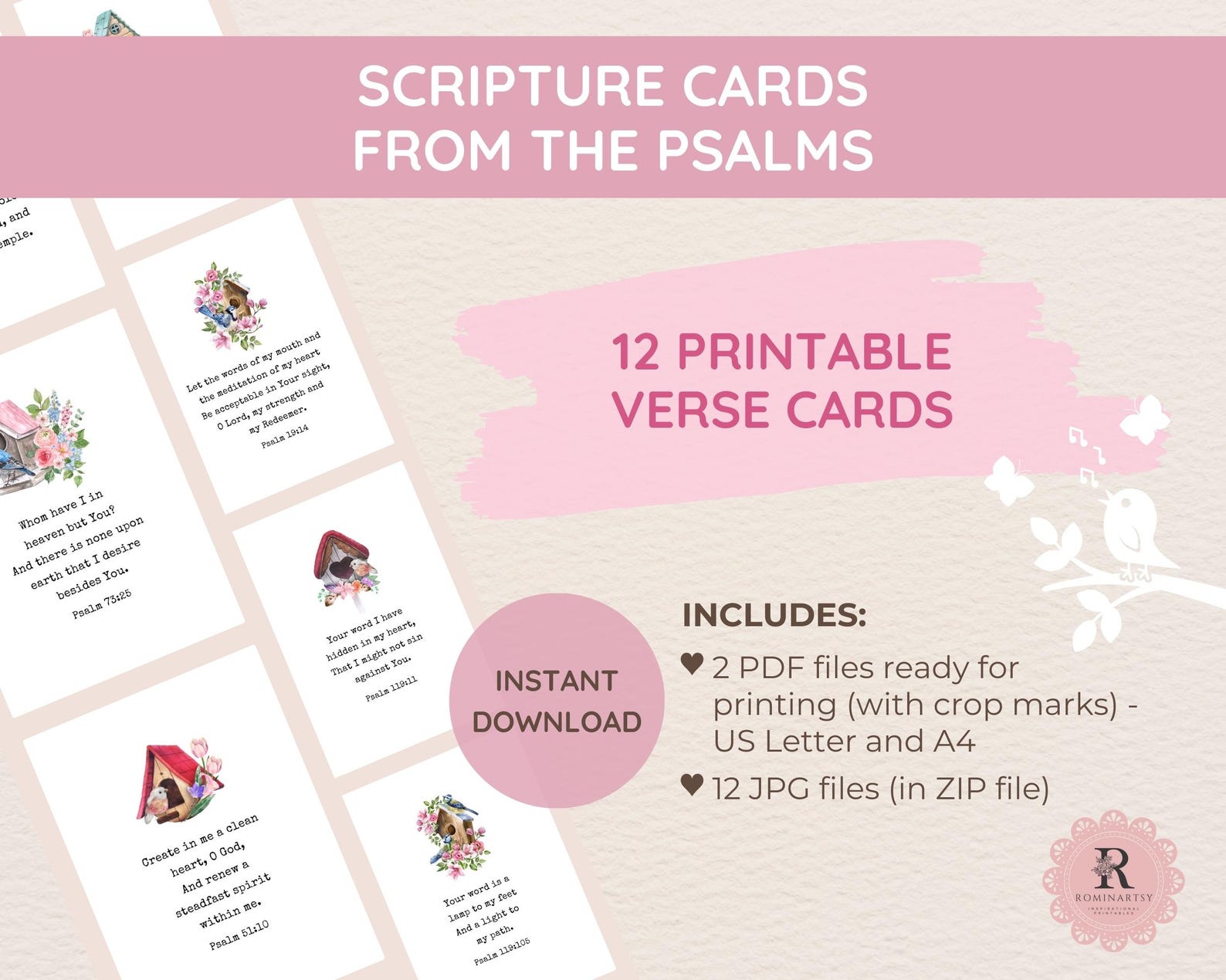 Set of 12 Psalms Scripture Cards Printable, Bible Memory Verse Cards ...