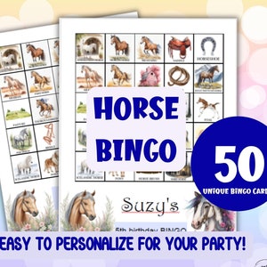 Horse Bingo Game With Personalize Text - 50 DIY Horse Bingo Cards for ...
