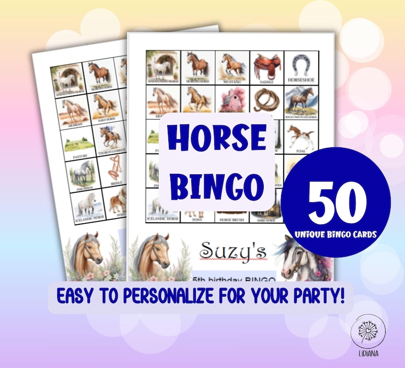 Horse Bingo Game With Personalize Text - 50 DIY Horse Bingo Cards for ...
