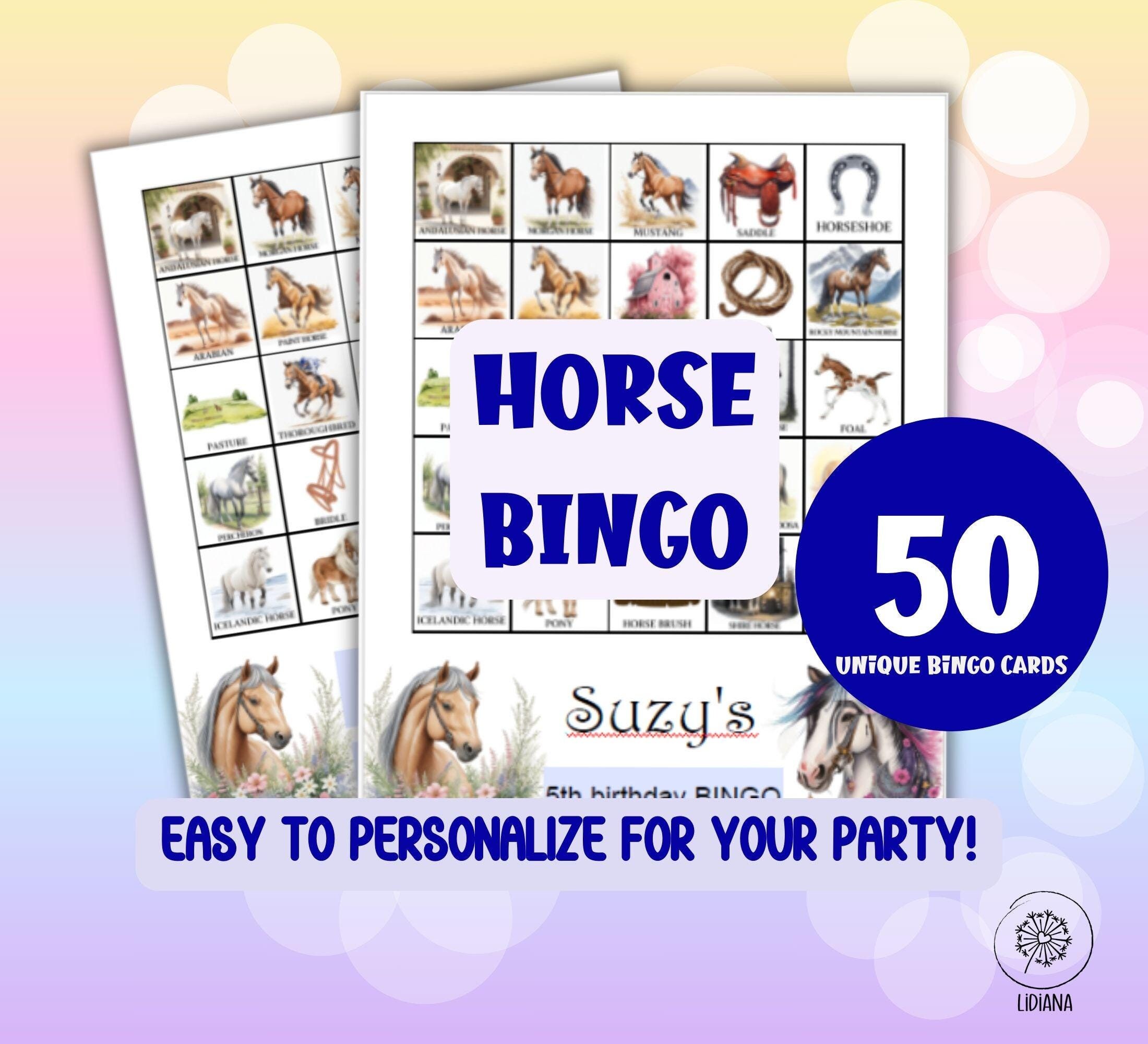 Horse Bingo Game With Personalize Text - 50 DIY Horse Bingo Cards for ...