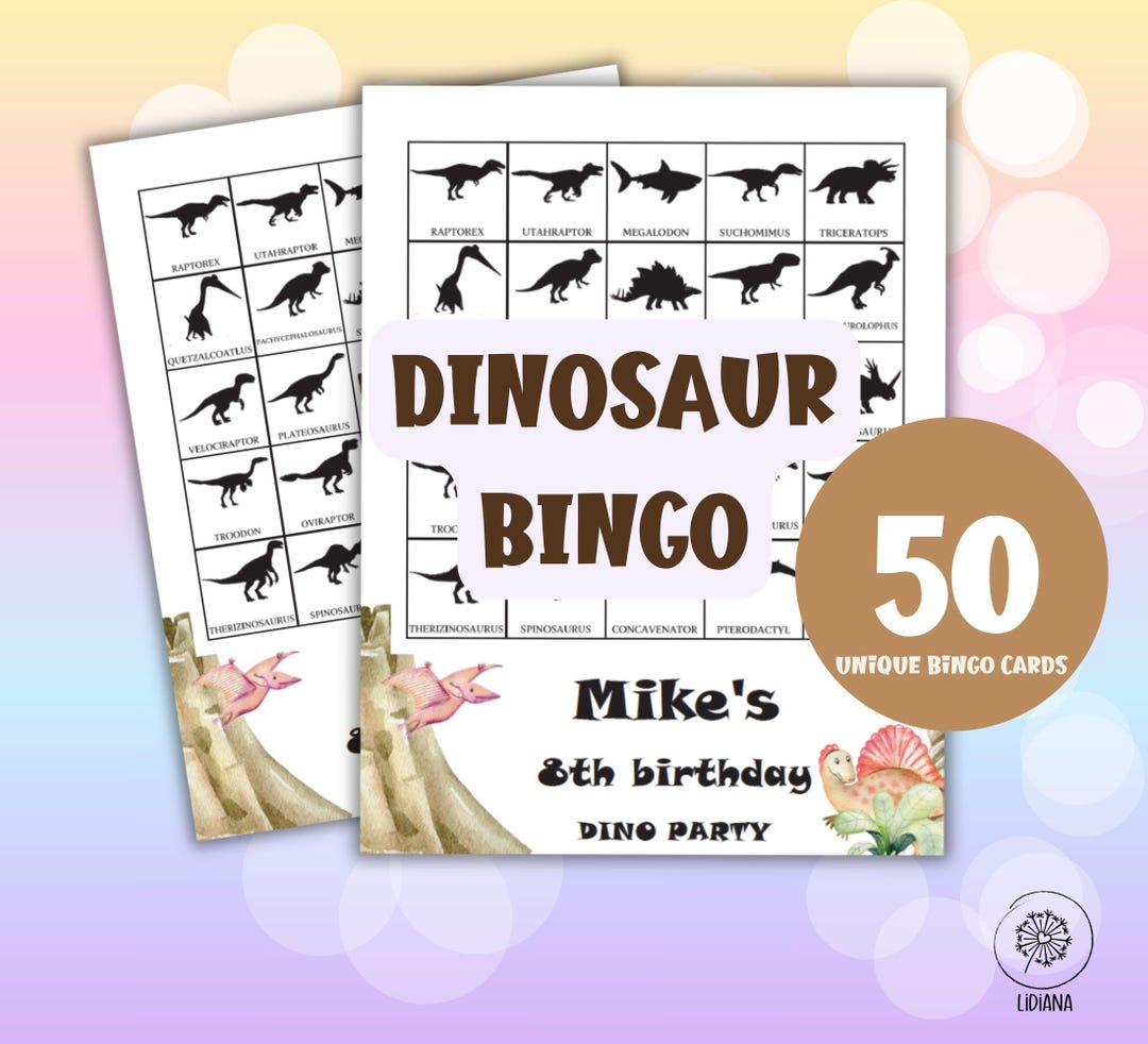 Dinosaur Bingo Game With Personalize Text & Add Pic - 50 DIY Dino Bingo ...