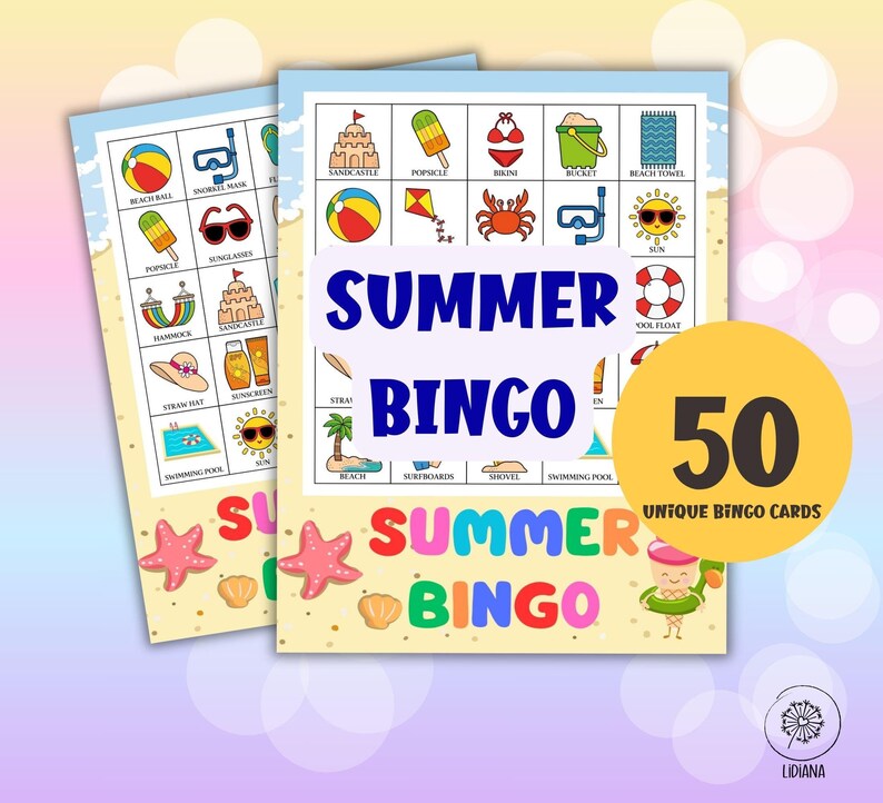 SUMMER Bingo Printable Game, Beach Party Game - 50 Bingo Cards for ...