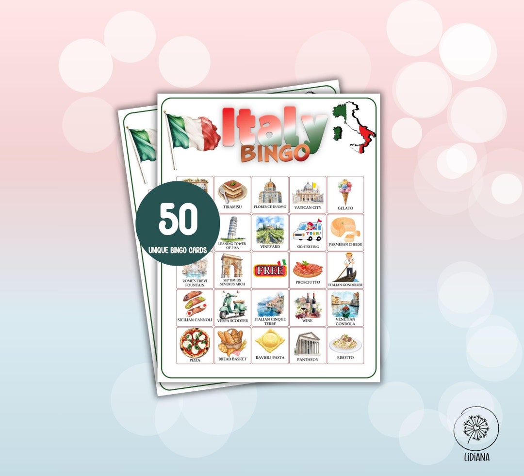 Italy Bingo Game: 50 Unique Cards for Travel & Birthdays (digital ...