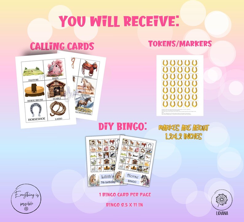 Horse Bingo Game With Personalize Text - 50 DIY Horse Bingo Cards for ...