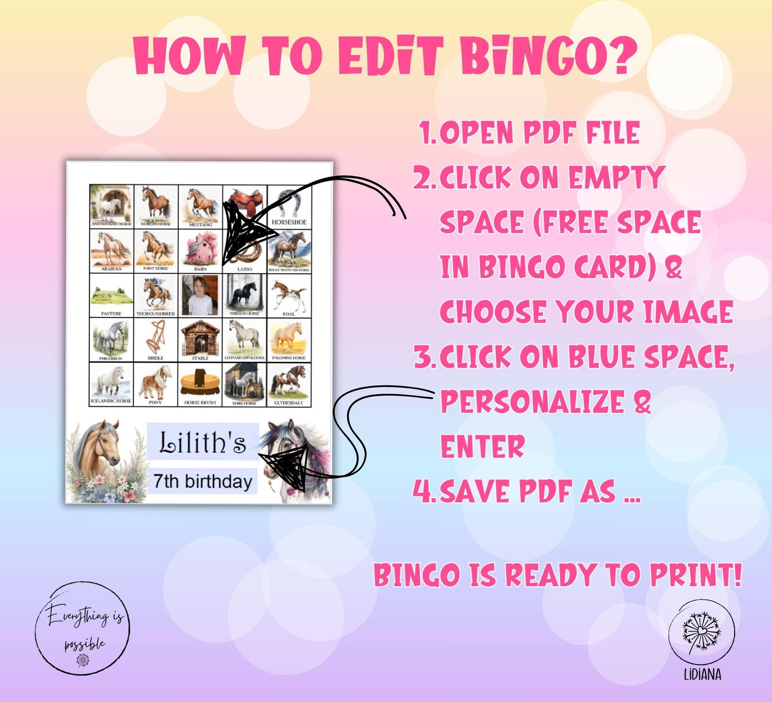 Horse Bingo Game With Personalize Text - 50 DIY Horse Bingo Cards for ...