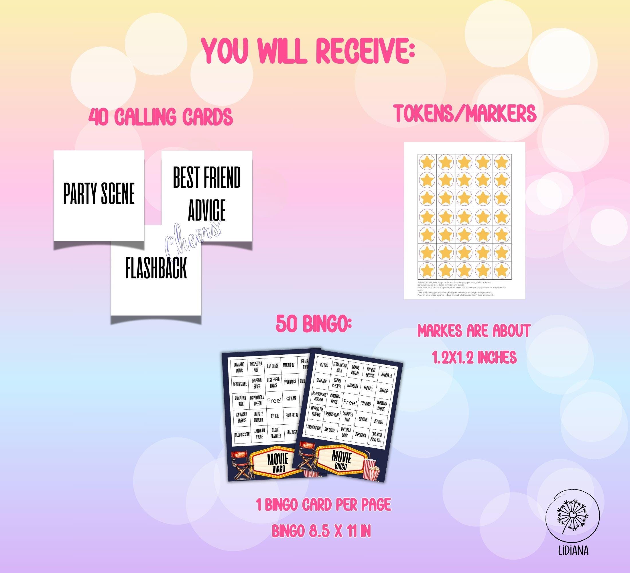 Movie Night Bingo Game: 50 Unique Cards for Film Buffs, Sleepover ...