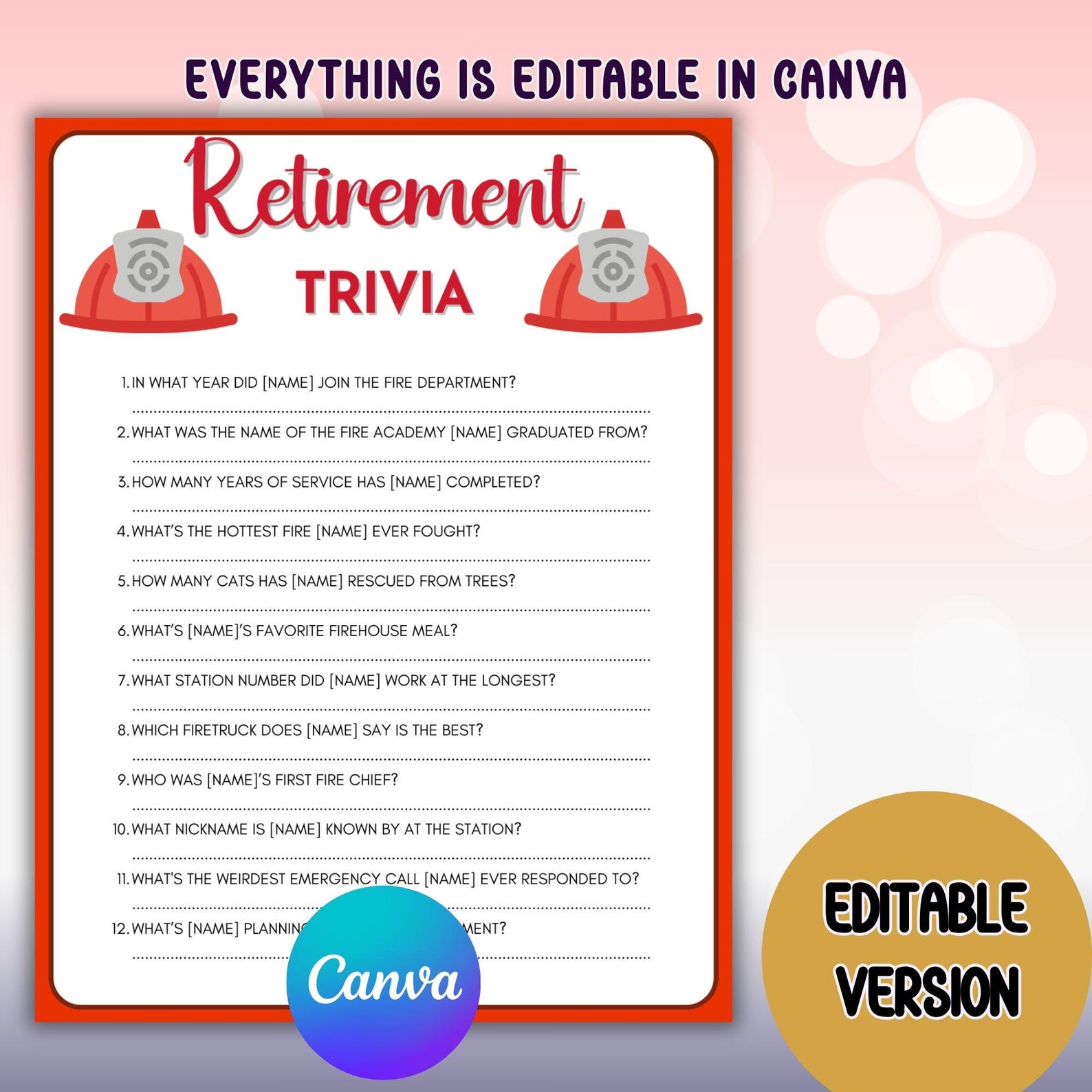 Editable Firefighter Career Quiz | Fire Department Party Game ...
