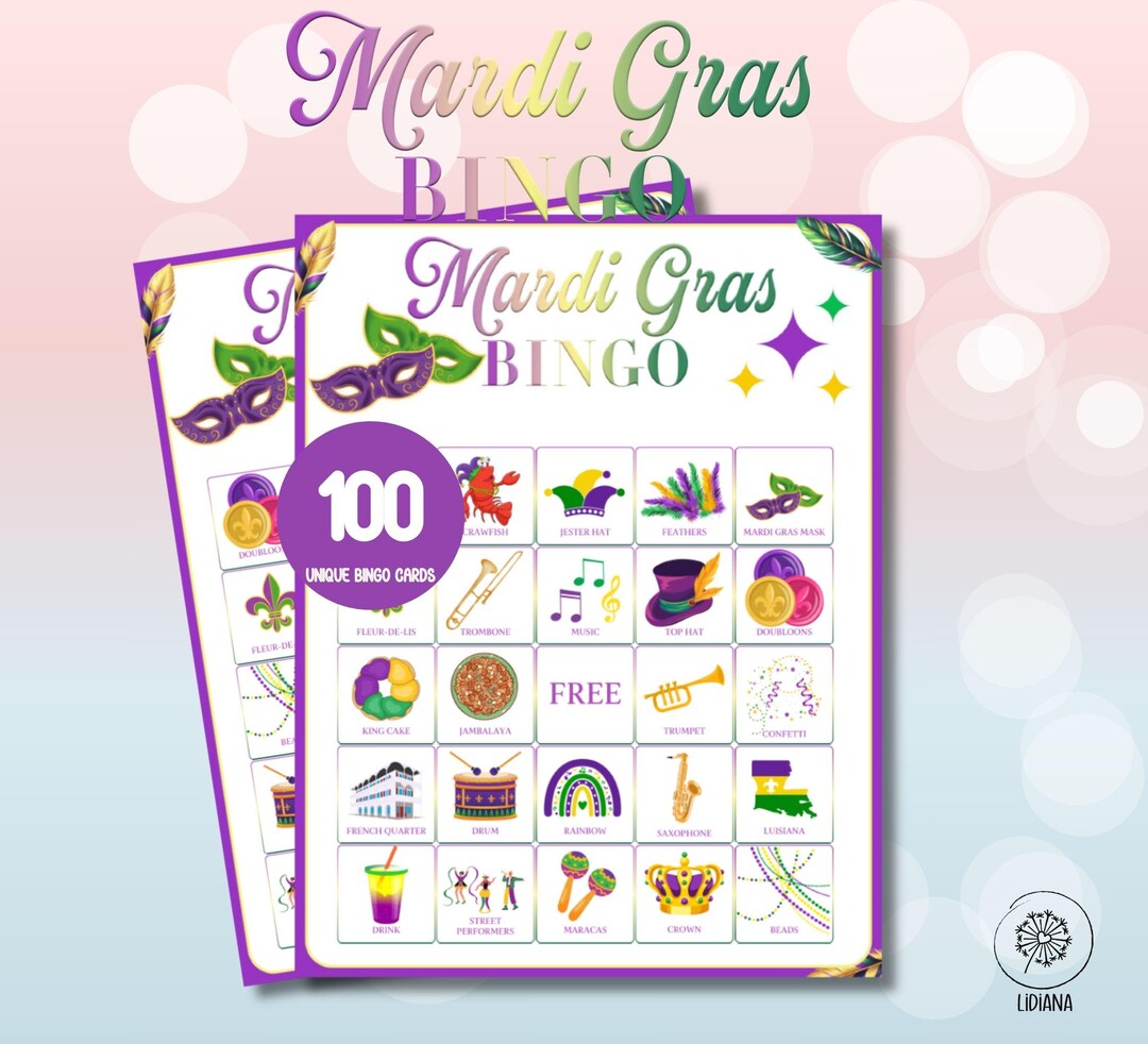 Mardi Gras Bingo Game: 100 Unique Carnival Cards (digital Download) - Etsy