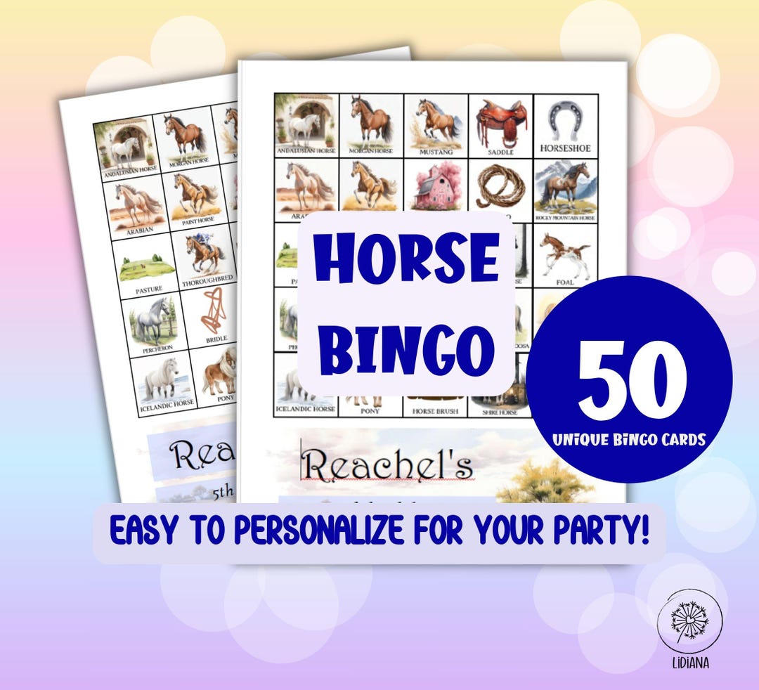Horse Bingo Game With Personalize Text - 50 DIY Horse Bingo Cards for ...