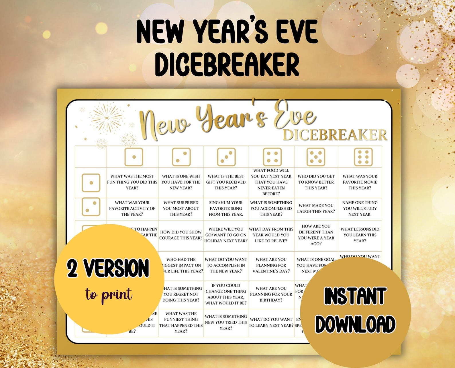 New Year's Eve Dicebreaker Game: Printable Party Icebreaker (digital ...