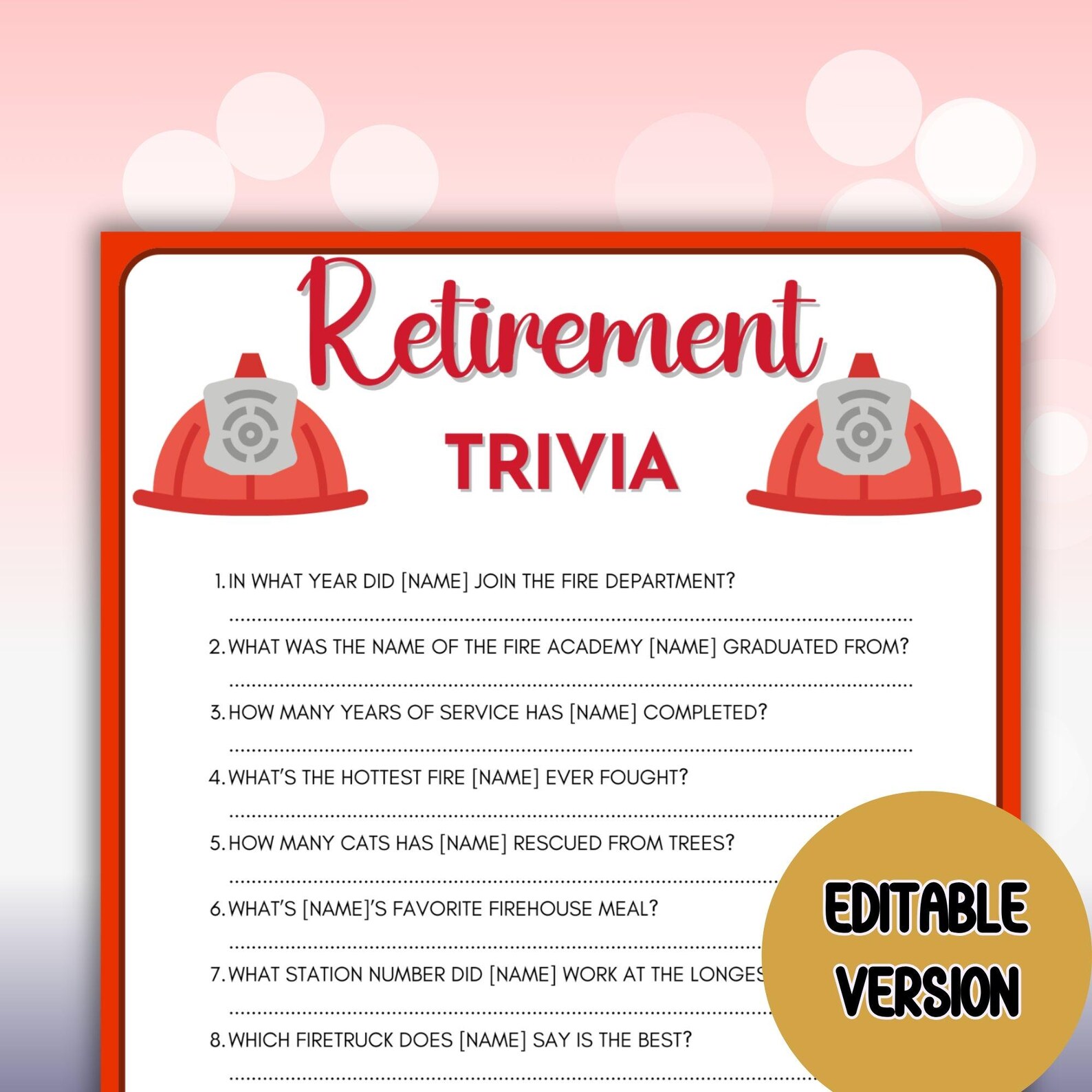 Editable Firefighter Career Quiz | Fire Department Party Game ...