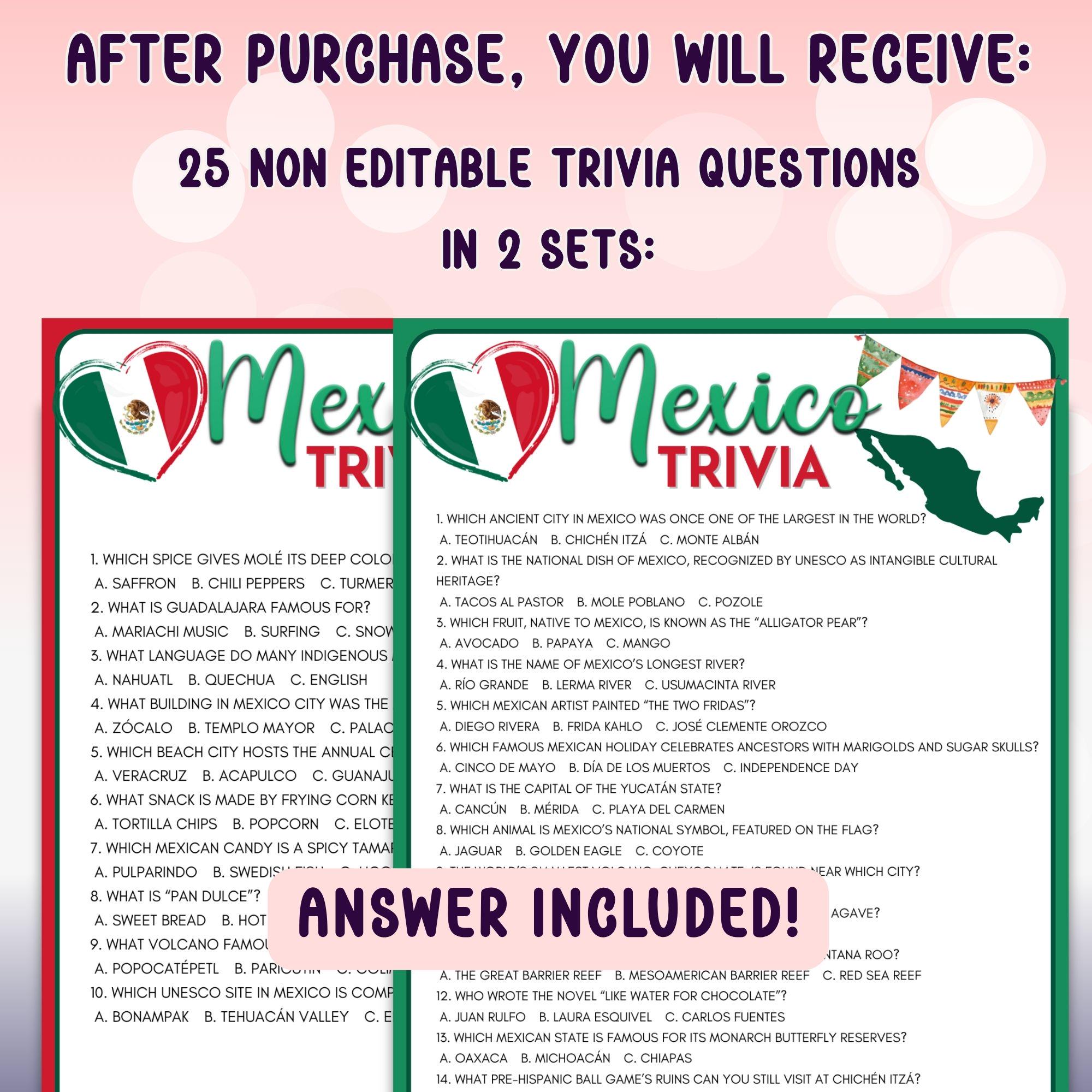 Mexico Trivia Game: Fiesta Party Activity for Cinco De Mayo (printable ...