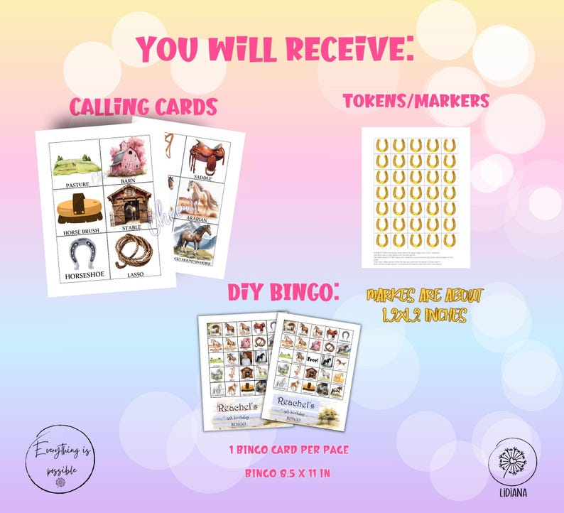 Horse Bingo Game With Personalize Text - 50 DIY Horse Bingo Cards for ...