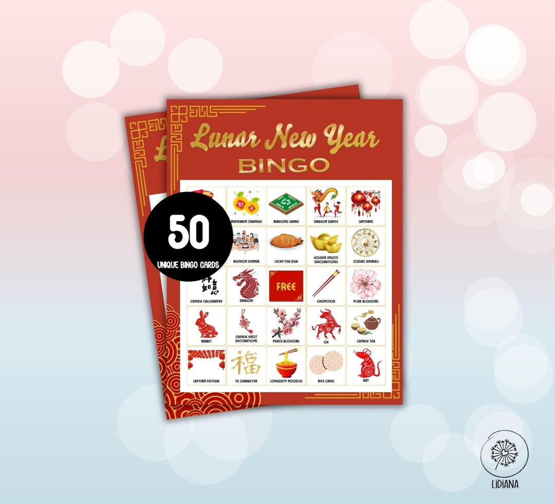 Lunar New Year Bingo Cards, 50 Chinese New Year Bingo Cards, Party Game ...