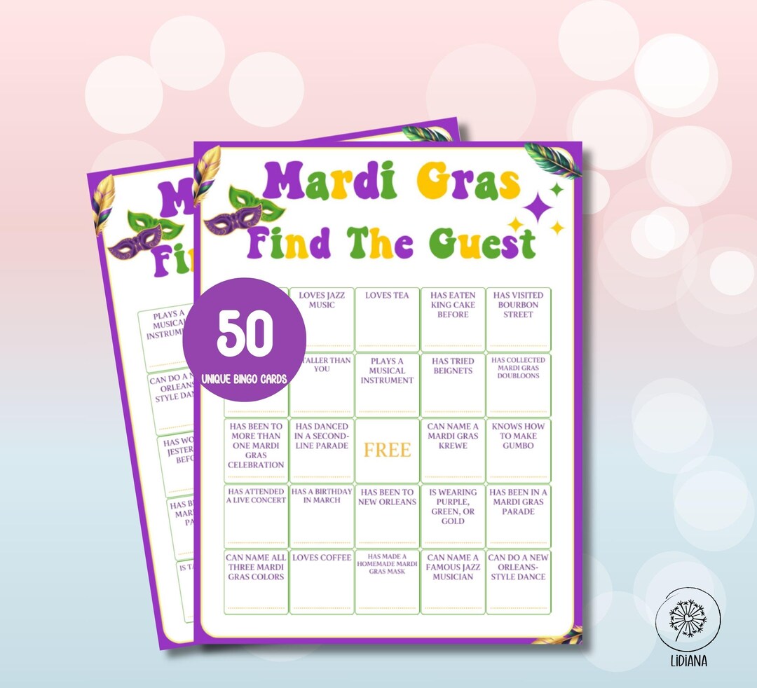 Mardi Gras Find the Guest Bingo, 50 Mardi Gras Find Someone Who Bingo ...