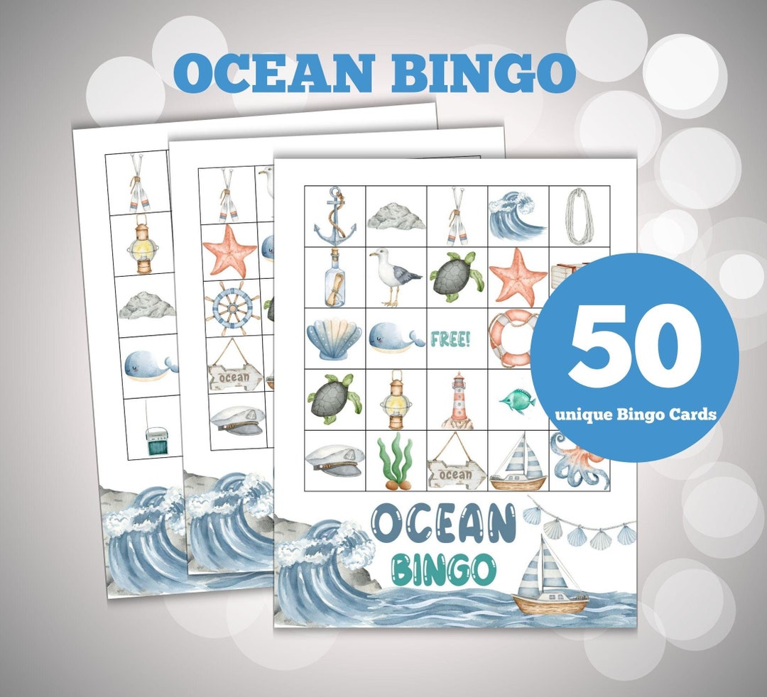 Ocean Bingo, Under the Sea Bingo, 50 Printable Nautical Bingo Cards ...