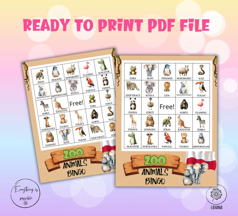 Printable Zoo Animal Bingo Game in Polish: Learning Game (digital ...