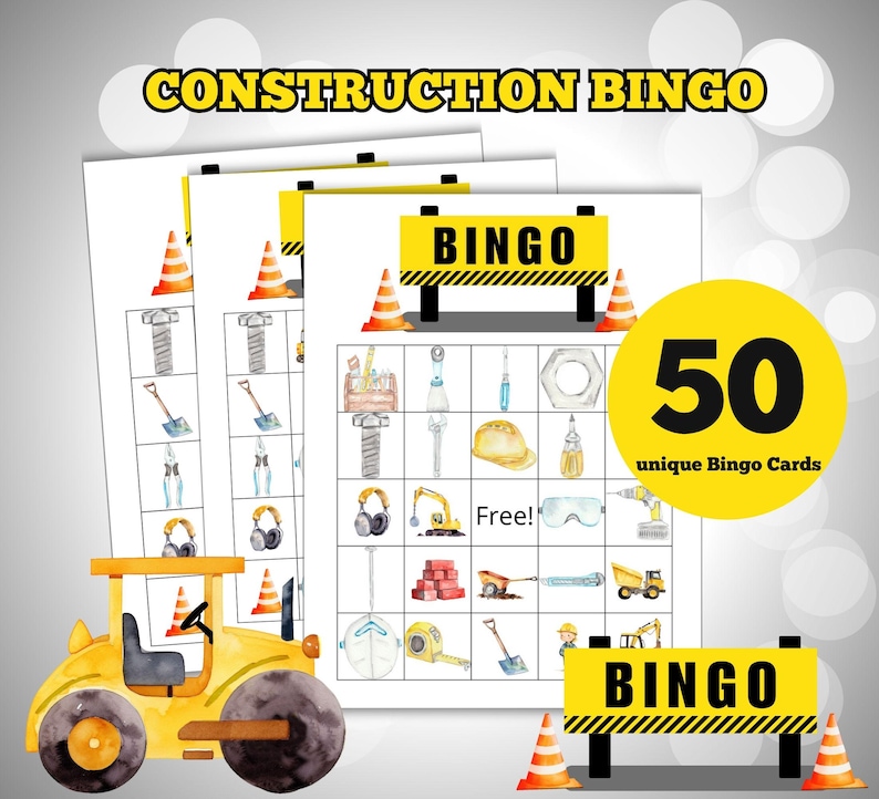 Construction Bingo Game: 50 Printable Cards, Boy Birthday Party ...