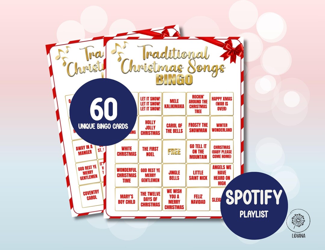 Traditional Christmas Songs Bingo Game With Playlist | 60 Holiday Cards ...