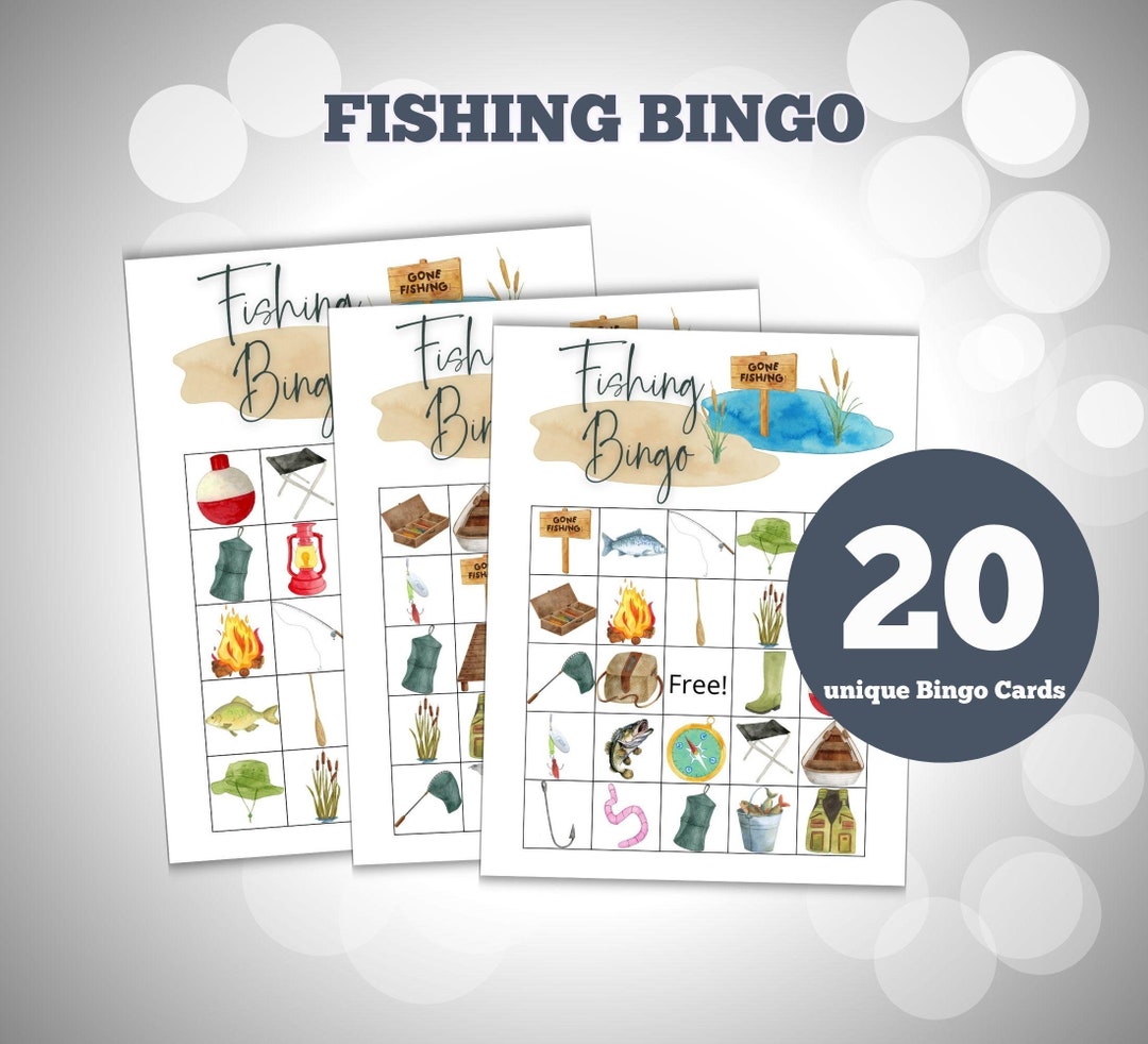 Fishing Bingo Game - 20 Bingo Cards for Fisherman Baby Shower, Fishing ...