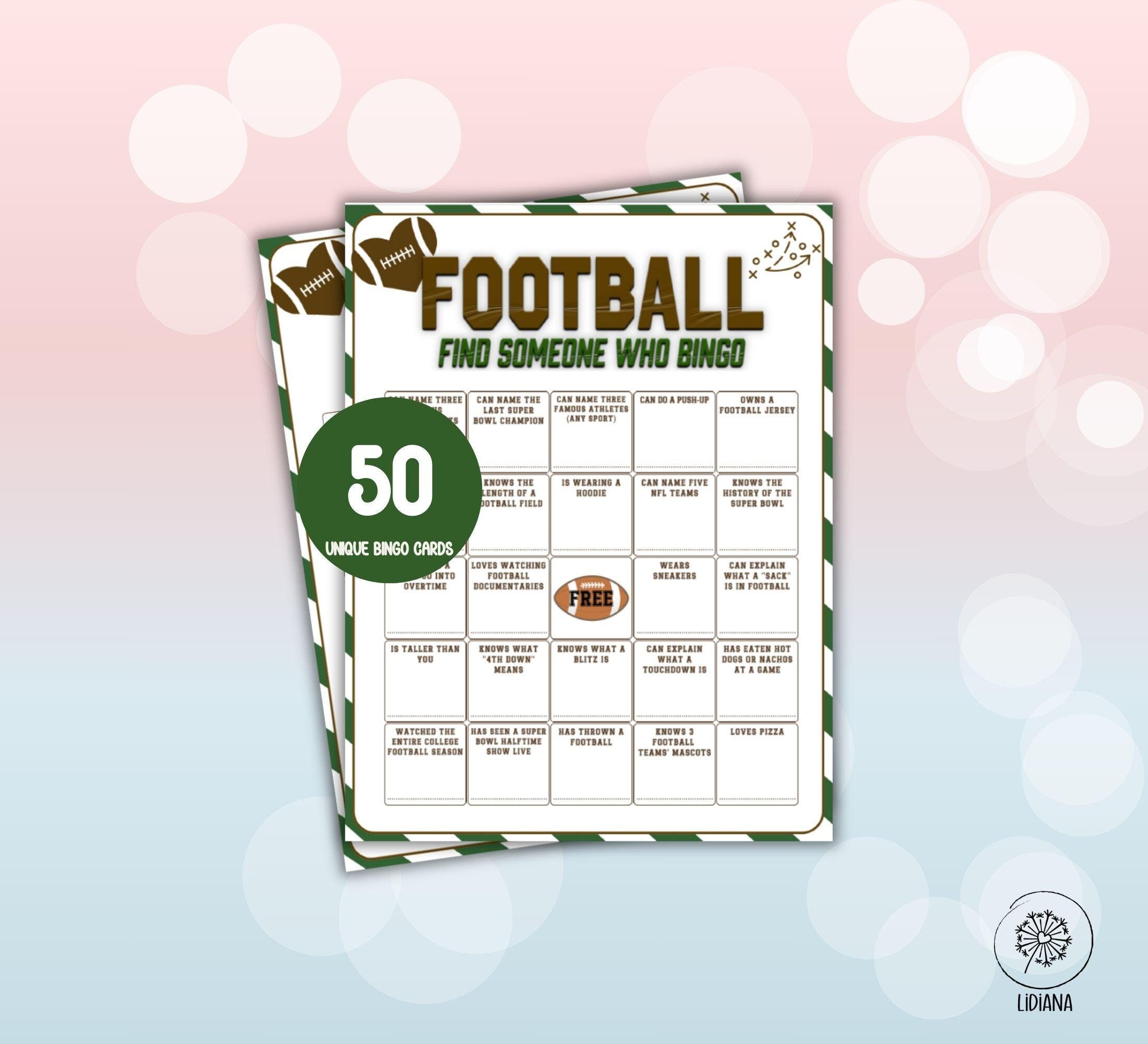 Football Bingo Game - 50 Find Someone Who Bingo Cards for Superbowl ...