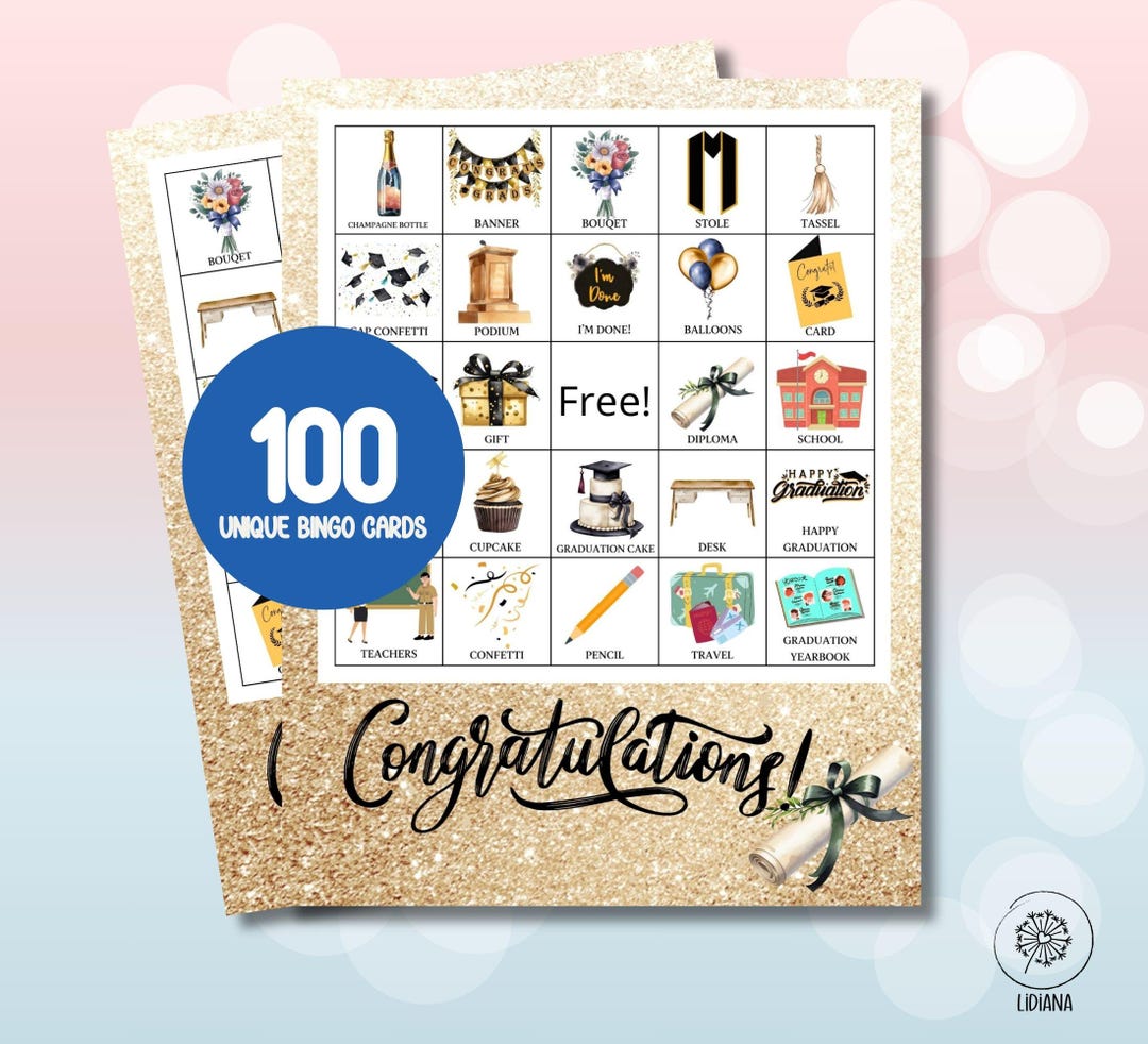 Graduation Bingo Game - 100 Bingo Cards for End of the Year Family Game ...