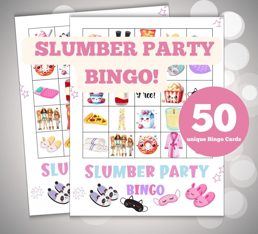 Slumber Party Bingo Game - 50 Bingo Cards for Girls Game Night, Slumber ...