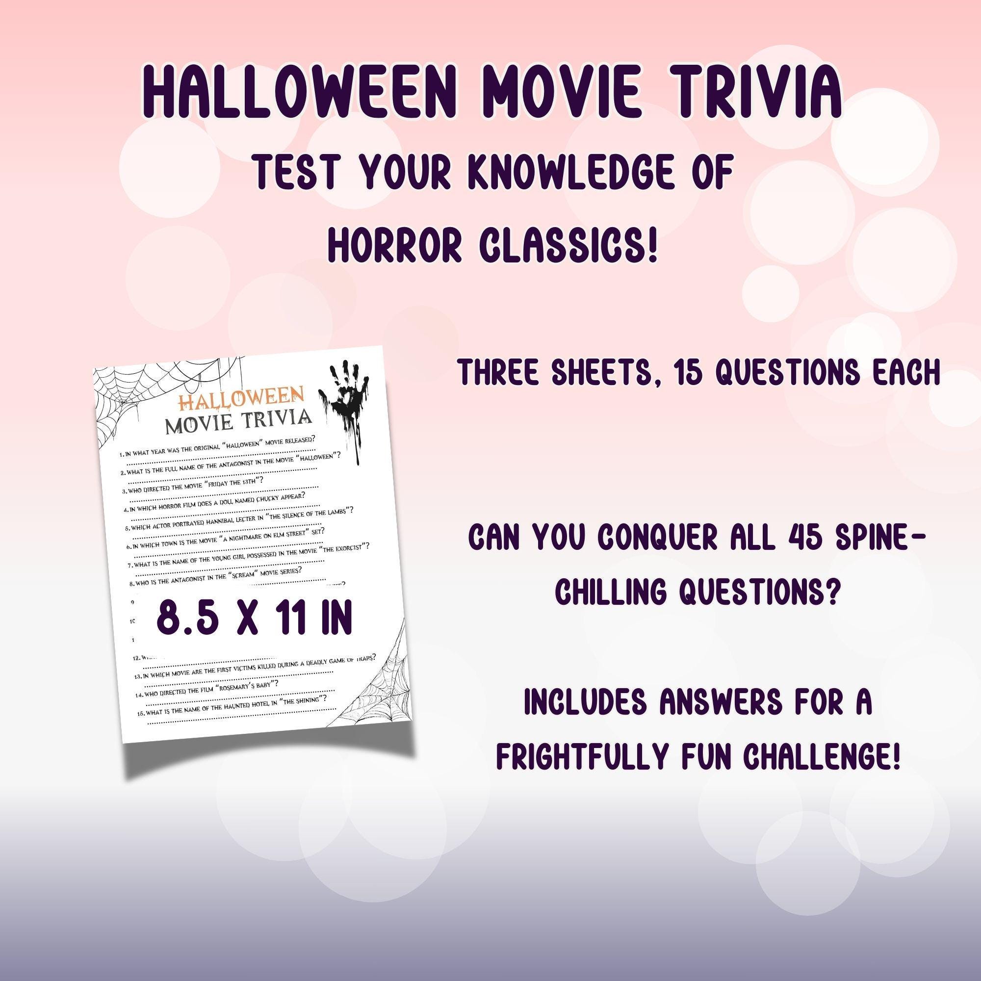 Halloween Movie Trivia Game for Adult, Printable Horror Movie Trivia ...