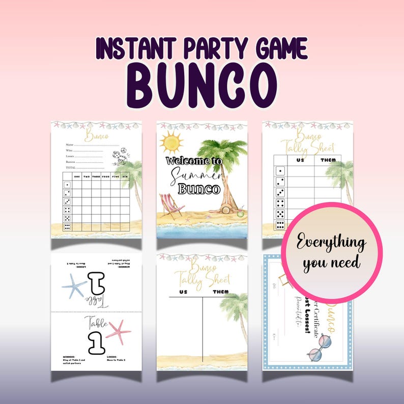 Summer Bunco Game Kit: Printable Scorecards, Tally Sheets (digital ...