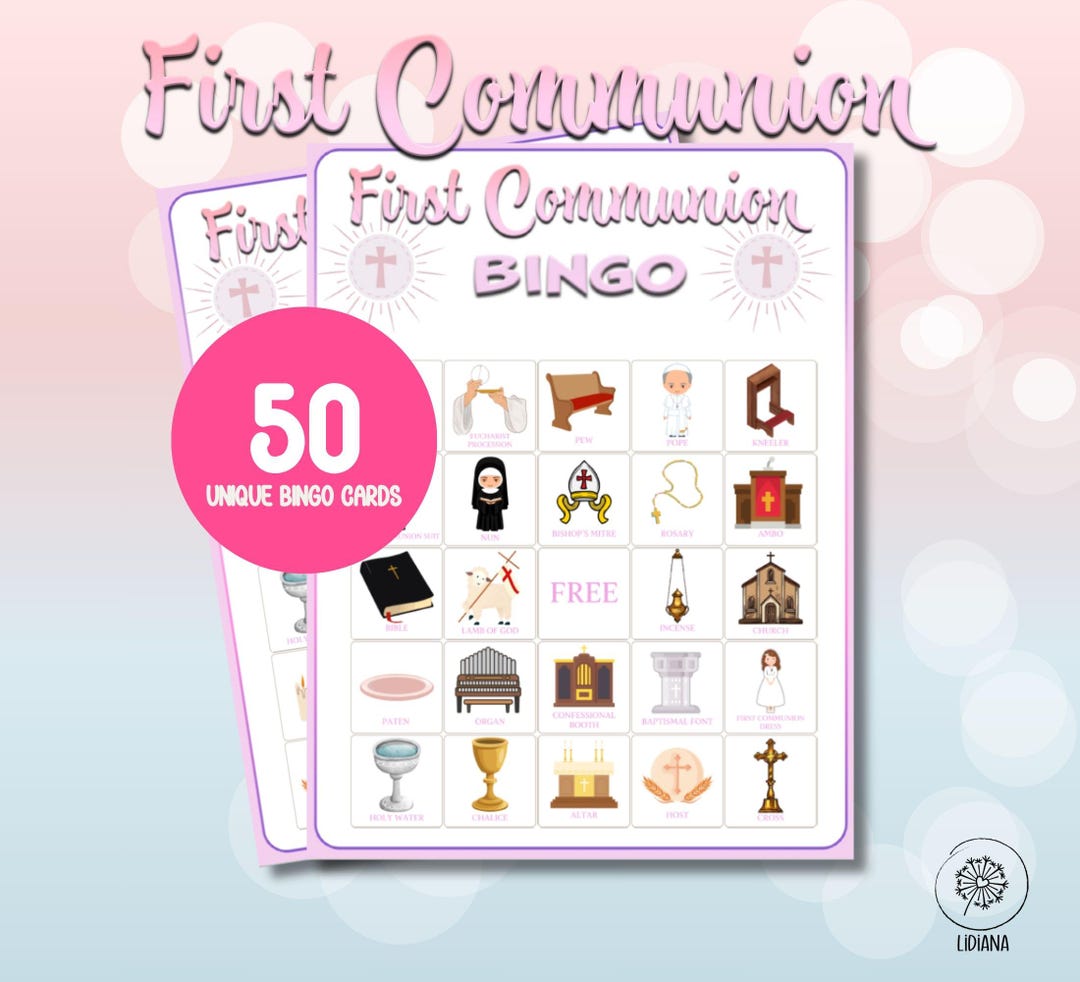 First Communion Bingo Game for Girls: Pink Religious Party (digital ...